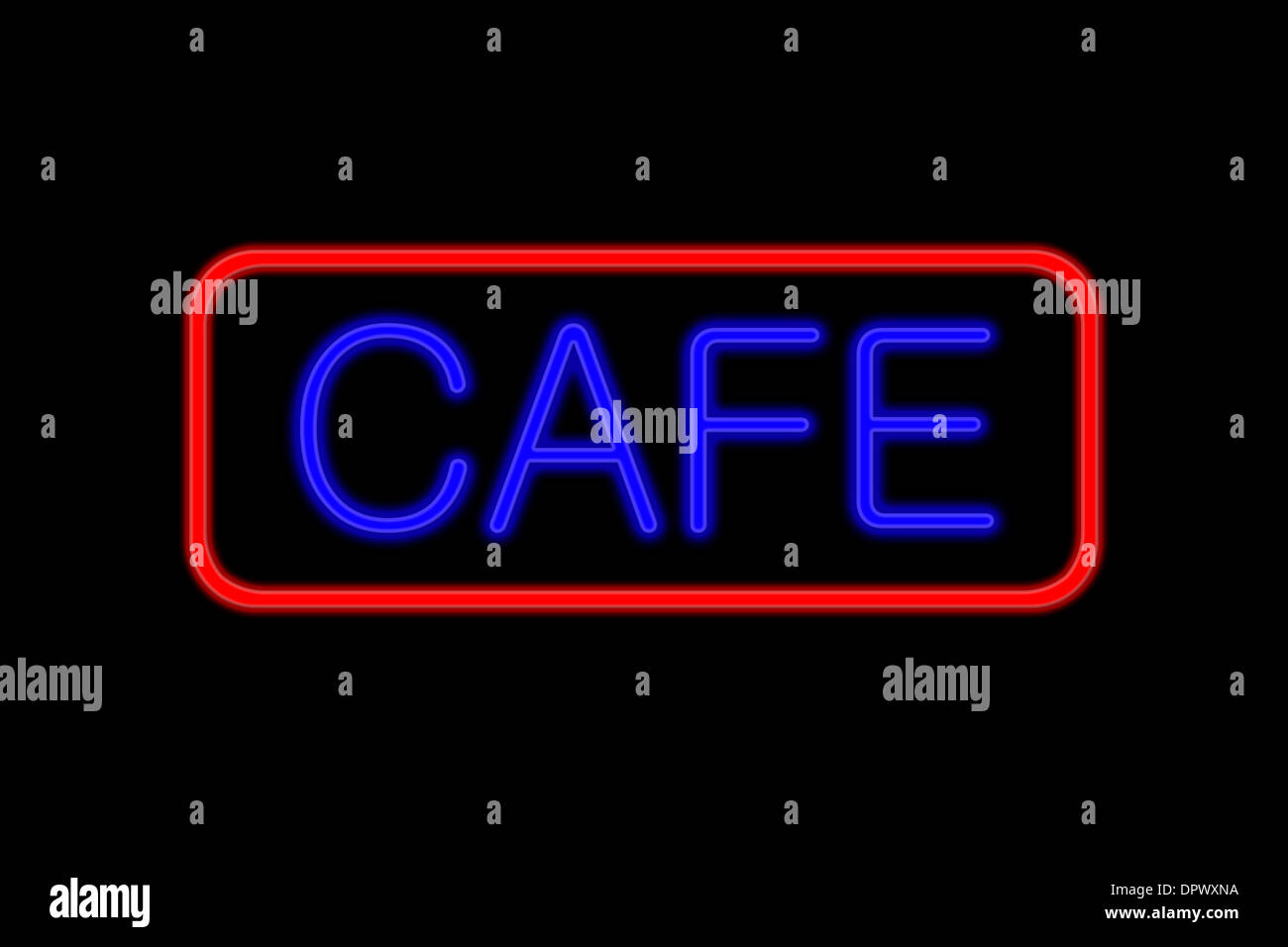 Illuminated Neon sign with blue Letters and red frame showing Cafe ...