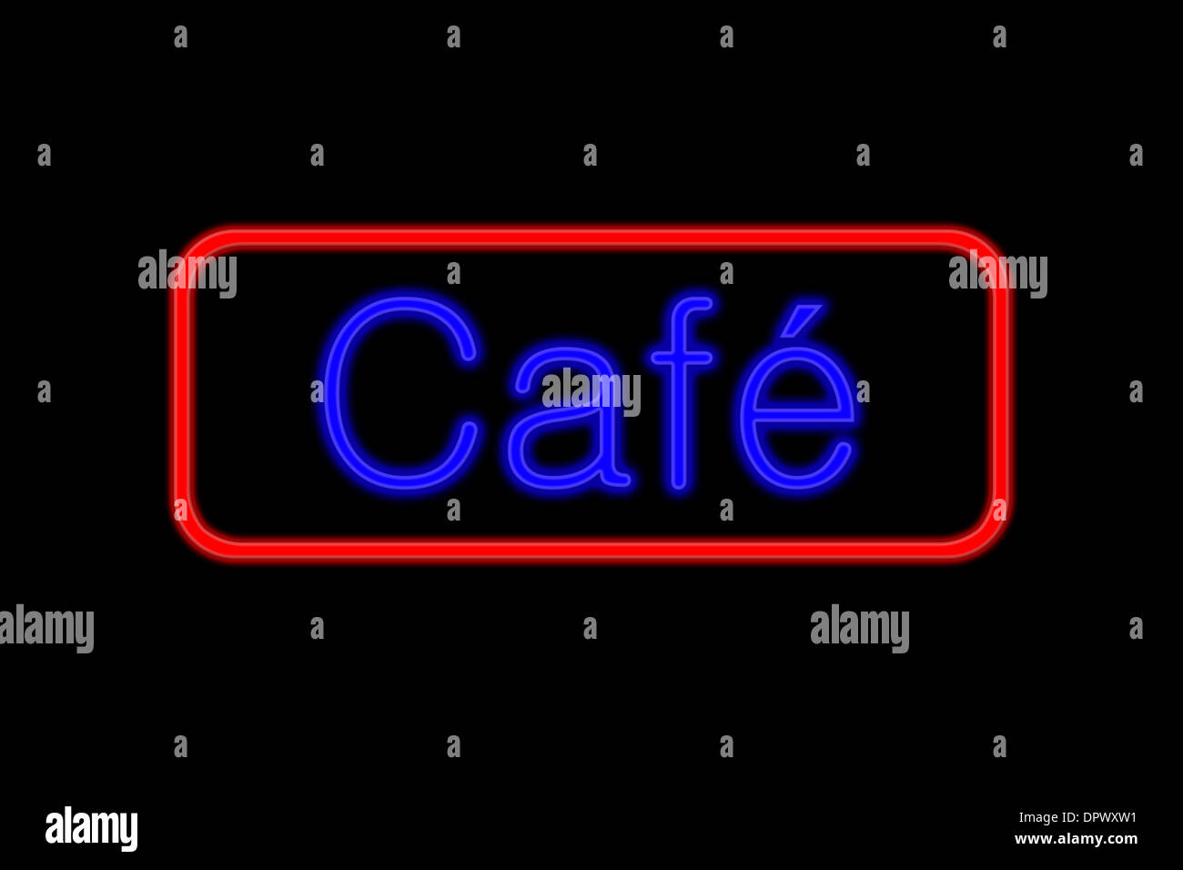 Illuminated Neon sign with blue Letters and red frame showing Cafe ...