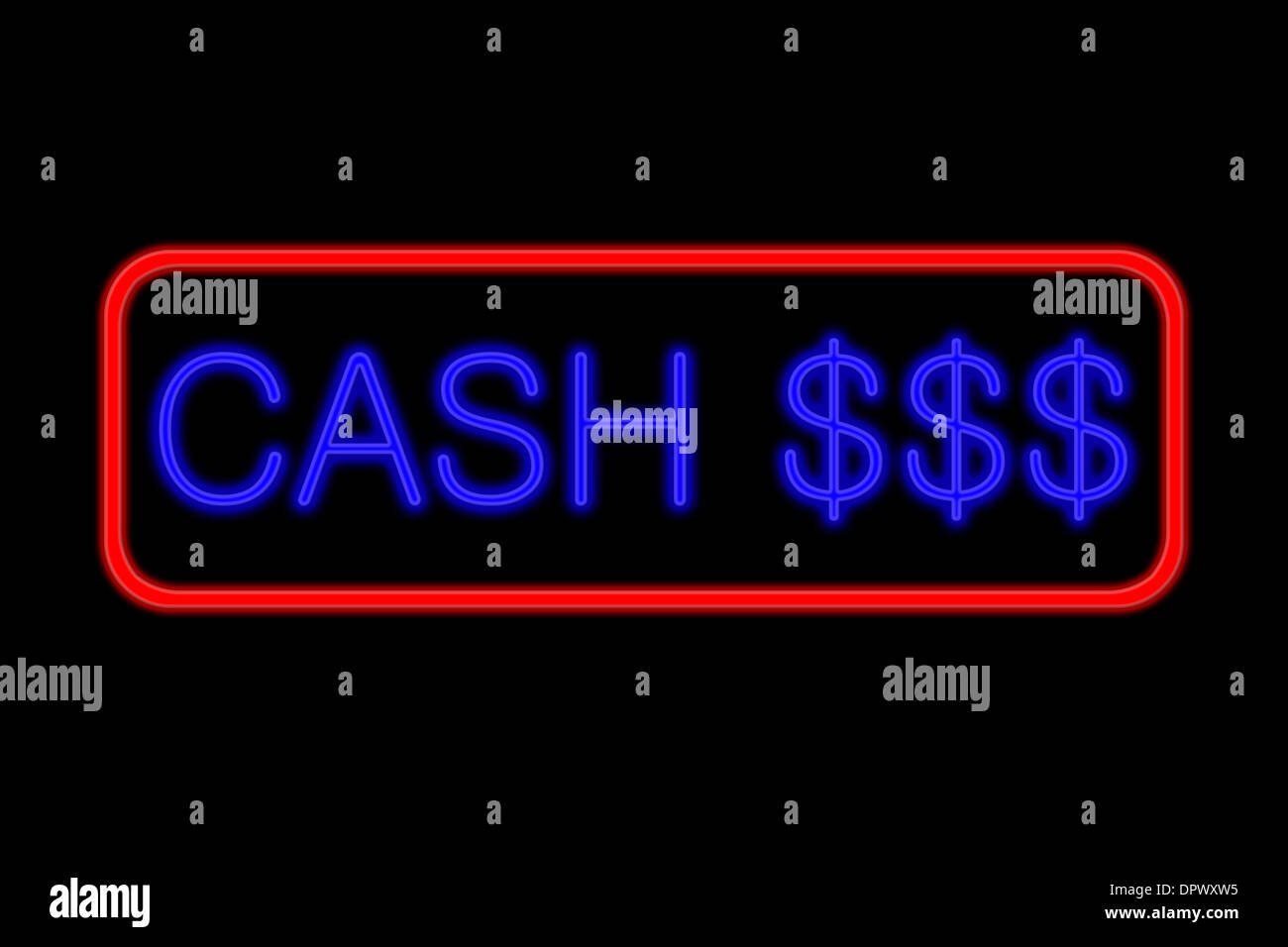 Illuminated Neon sign with blue Letters and red frame showing Cash and ...