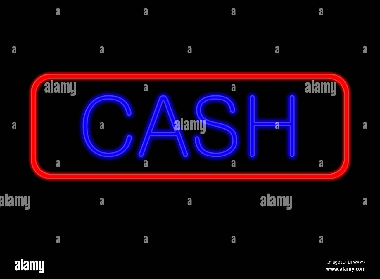 Illuminated Neon sign with blue Letters and red frame showing cash ...