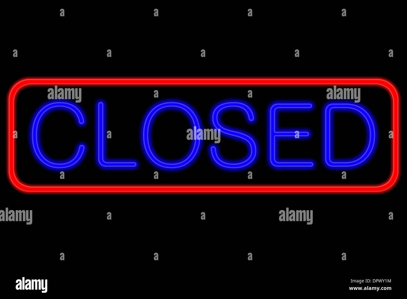 Illuminated Neon sign with blue Letters and red frame showing closed ...
