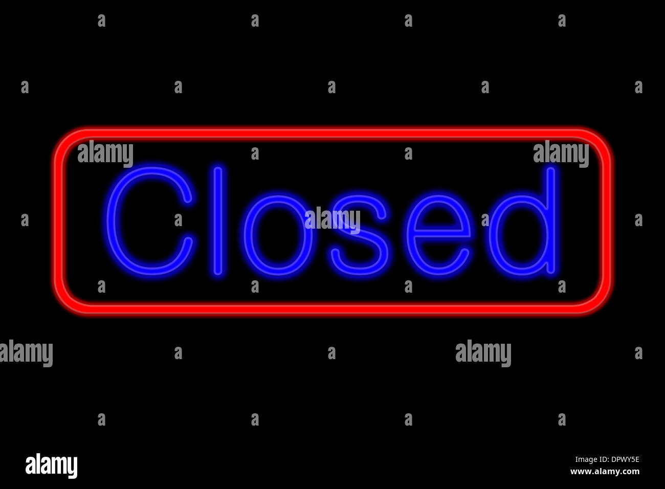Illuminated Neon sign with blue Letters and red frame showing closed ...
