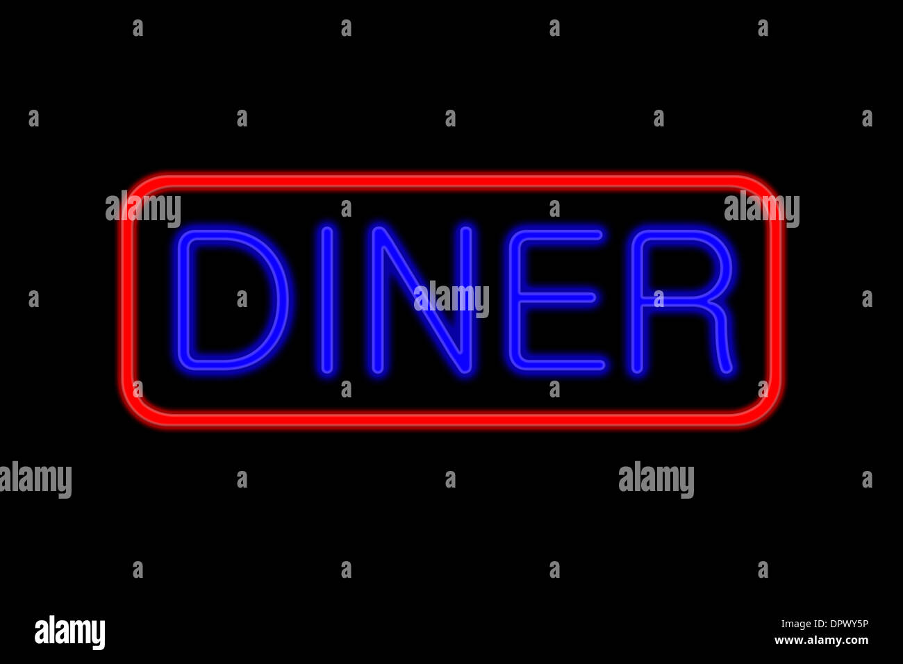 Illuminated Neon sign with blue Letters and red frame showing Diner ...