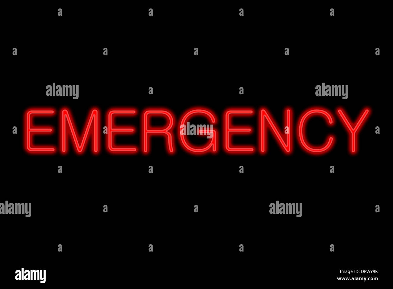 Illuminated Neon sign showing emergency in red letters isolated on ...
