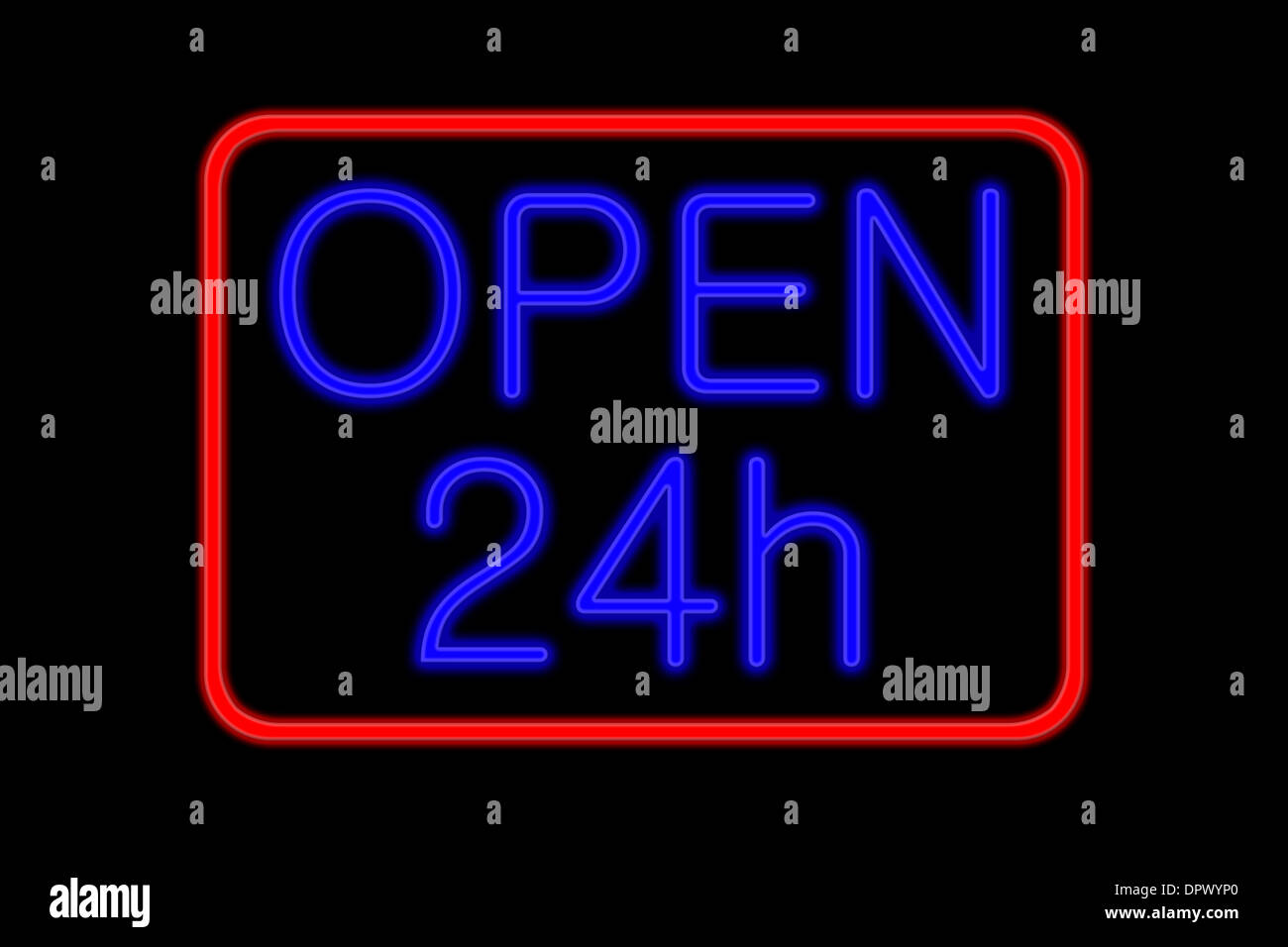 Illuminated Neon sign with blue Letters and red frame showing open 24h ...