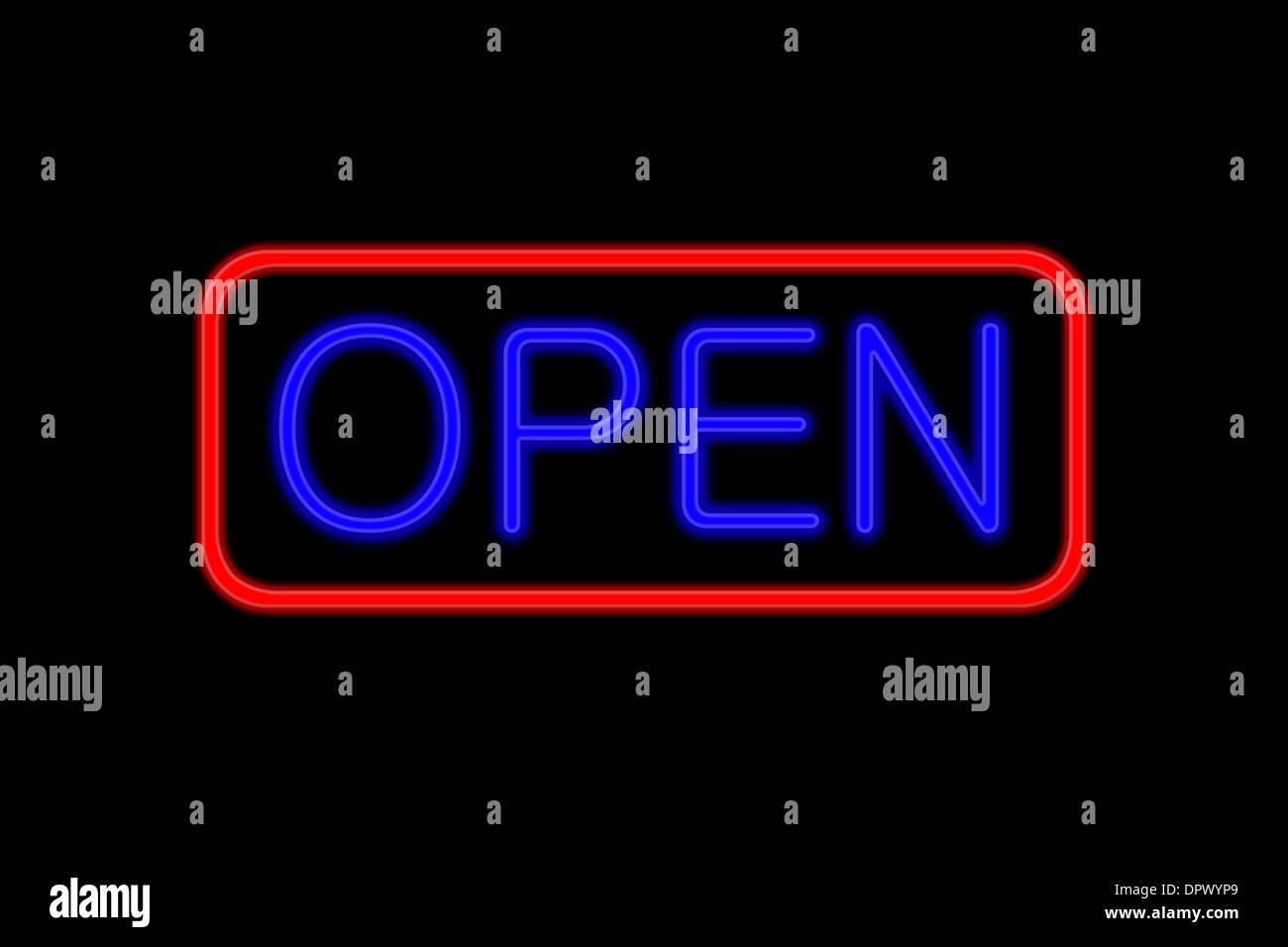 Illuminated Neon sign with blue Letters and red frame showing open ...