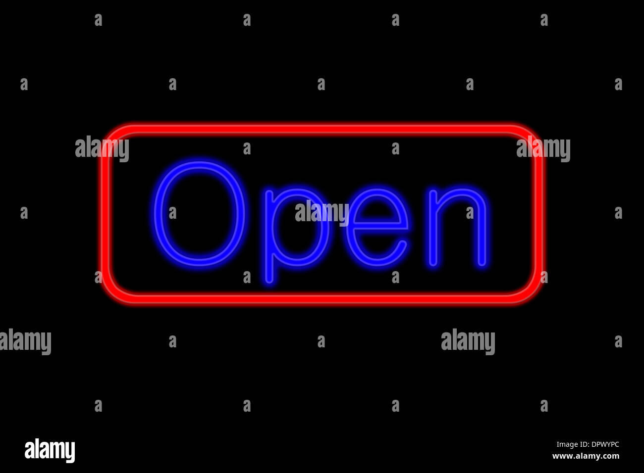 Illuminated Neon sign with blue Letters and red frame showing open ...