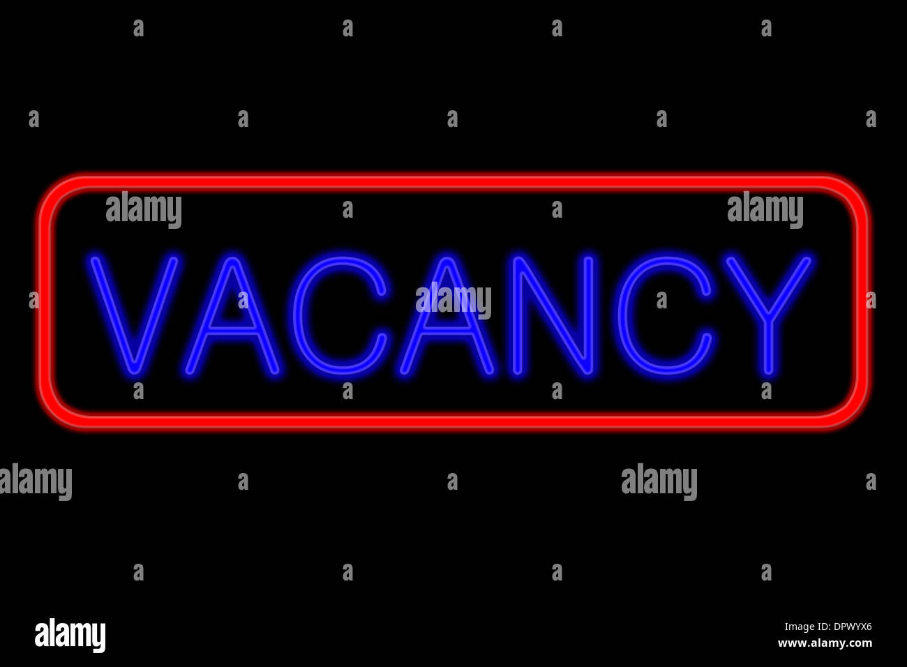 Illuminated Neon sign with blue Letters and red frame showing vacancy ...