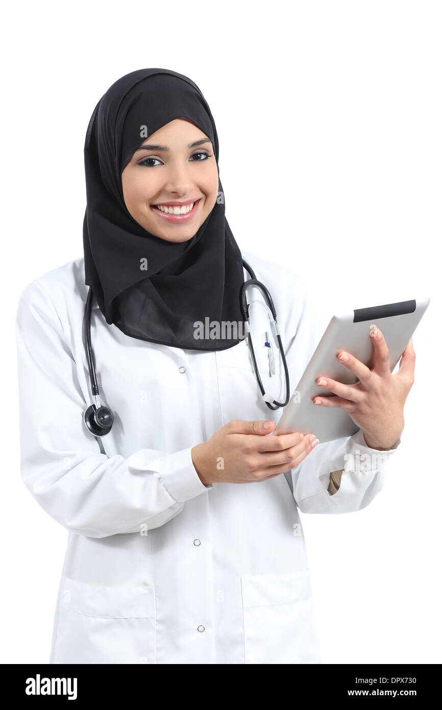 Arab doctor woman with a tablet looking at camera isolated on a white ...