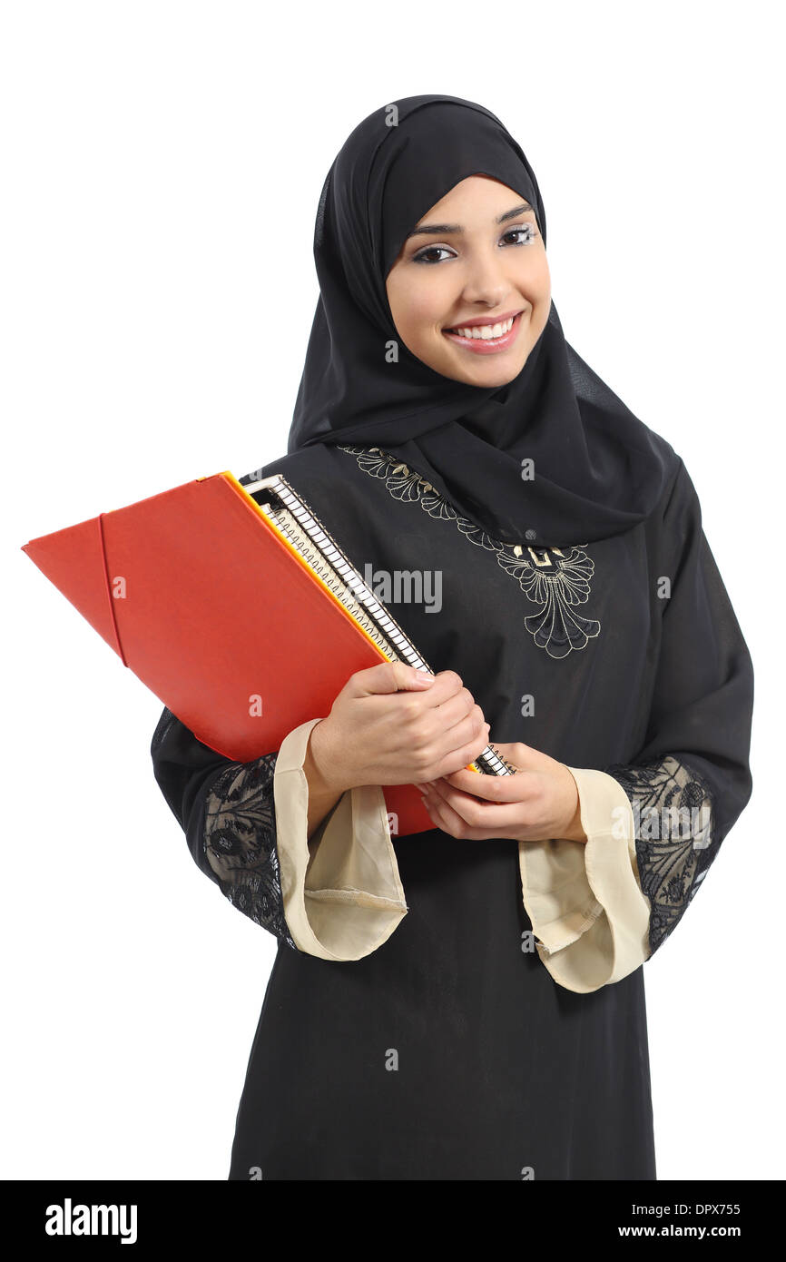 Happy saudi Arab student holding folders isolated on a white background ...