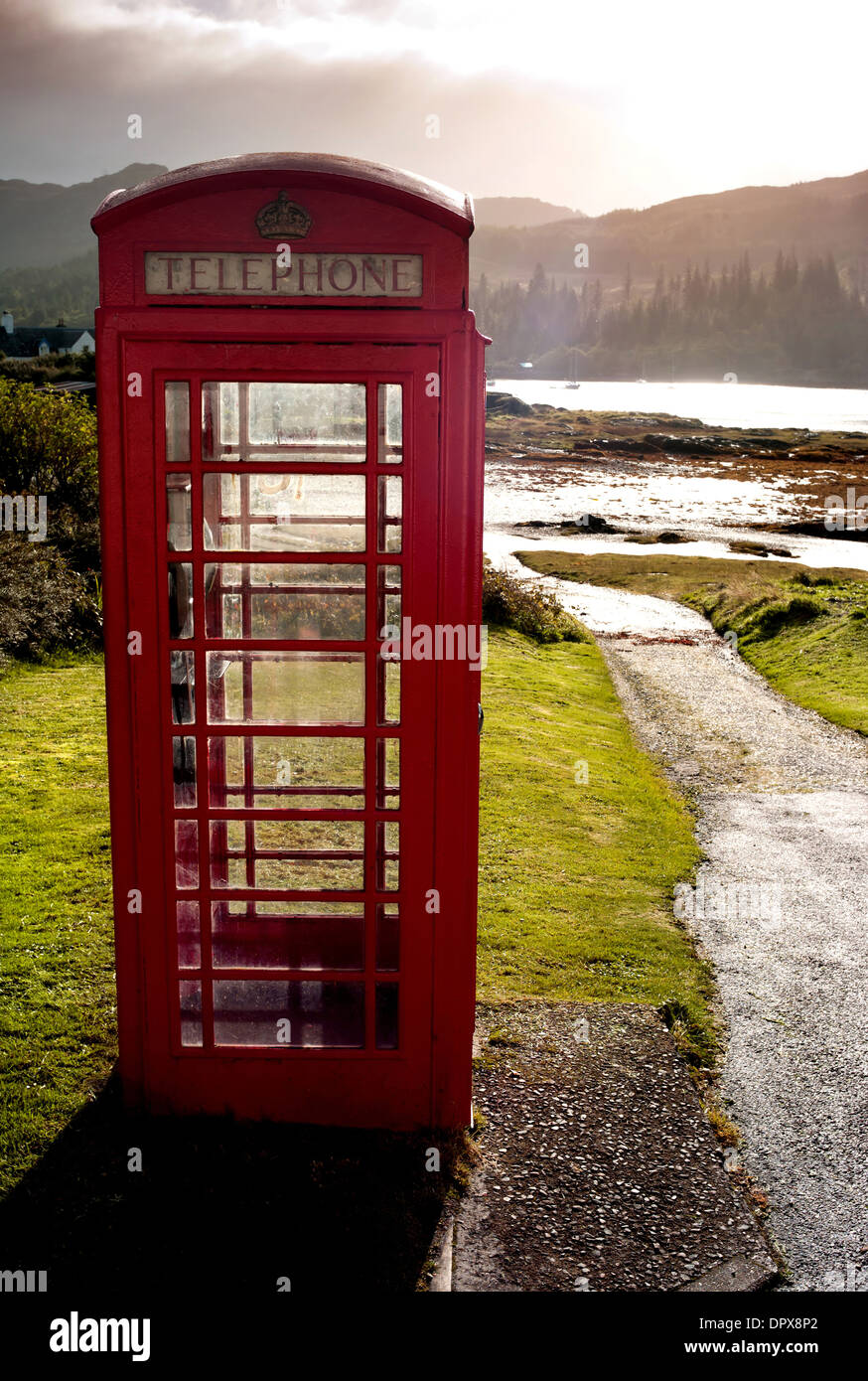 Old fashioned red telephone box, Plockton, The Scottish highlands Stock ...