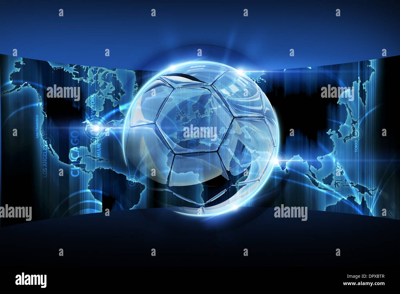 World Football Concept with Blue Glowing World Map and Abstract Glassy ...