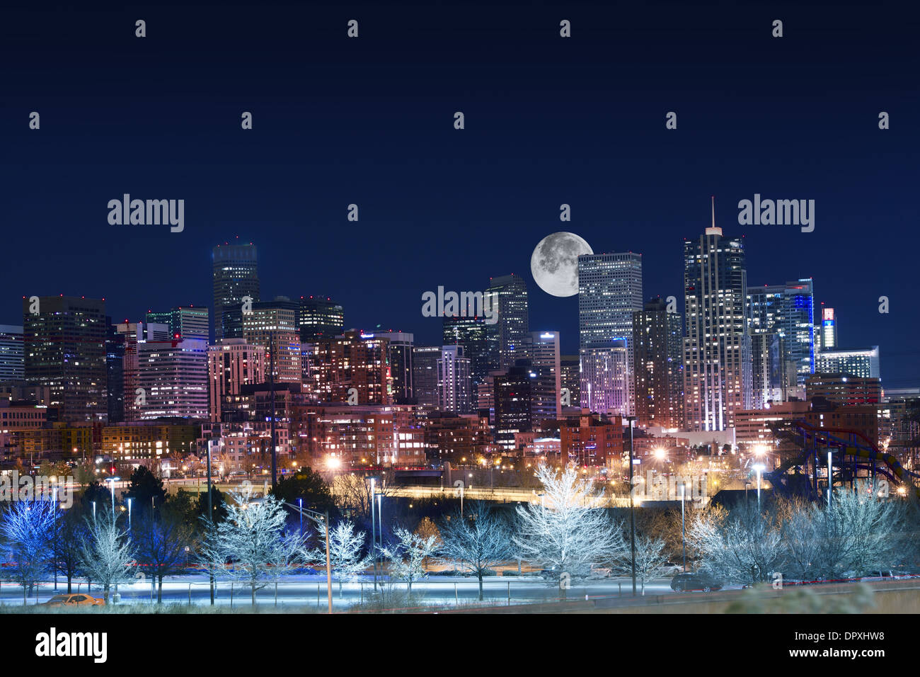 Denver Skyline West Side. Night in Colorado. Downtown Denver with Moon ...