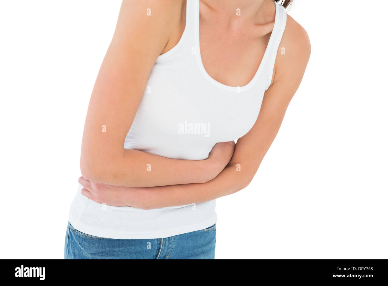 Mid section of a casual woman with stomach pain Stock Photo - Alamy