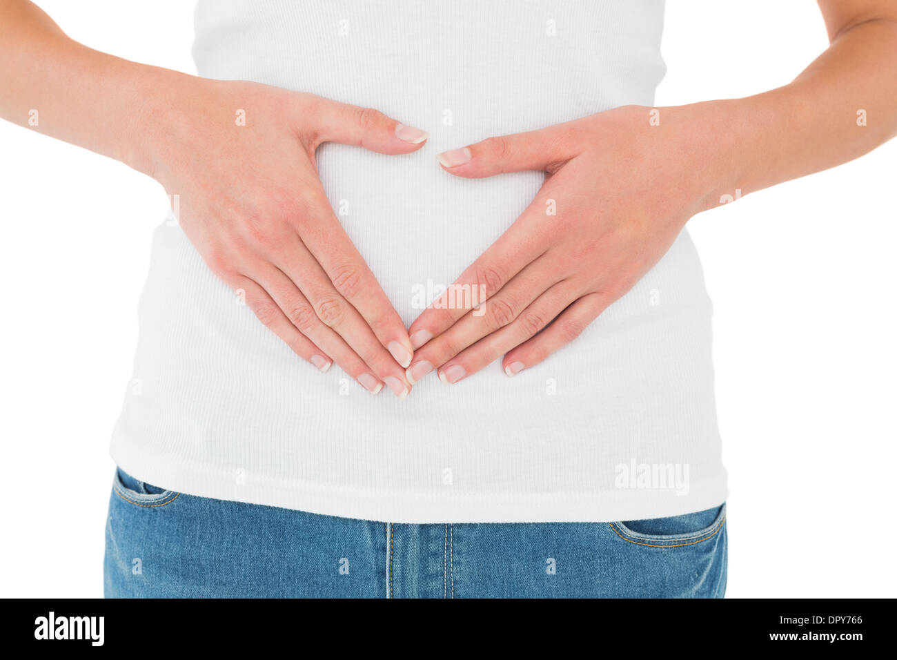 Mid section of a casual woman with stomach pain Stock Photo - Alamy