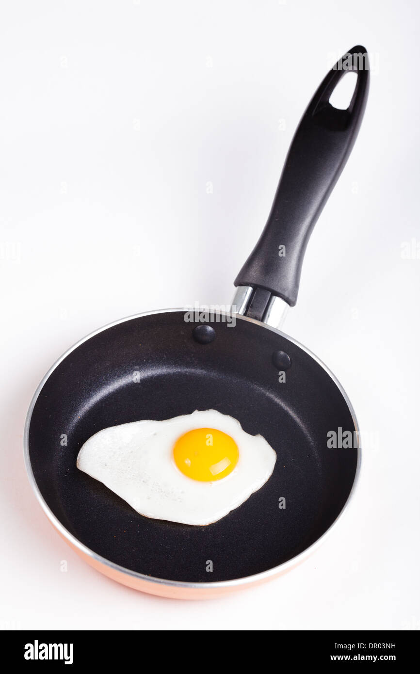 One fried egg on teflon pan without oil isolated on white Stock Photo ...