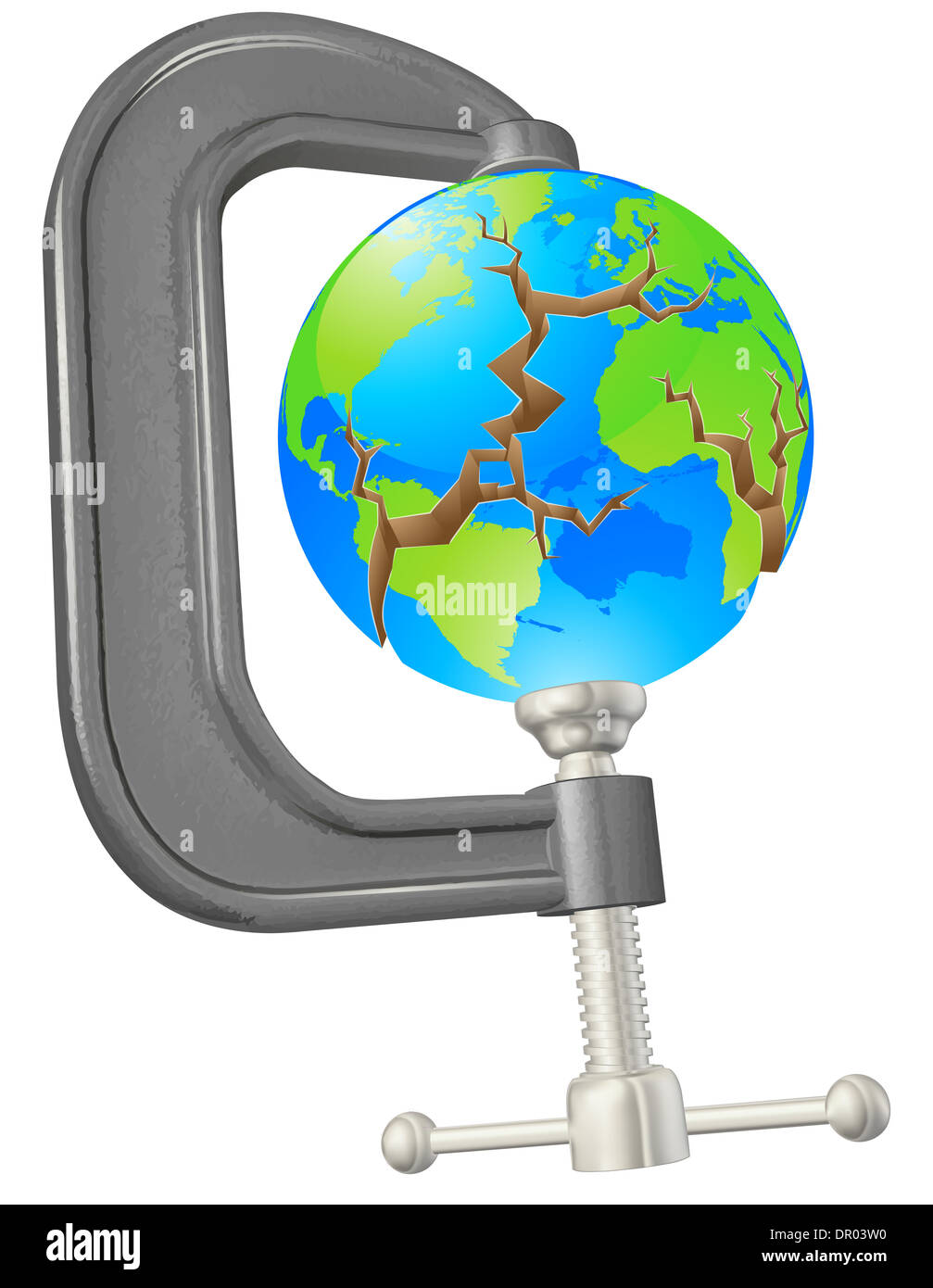 Illustration of a clamp cracking a world globe concept Stock Photo - Alamy