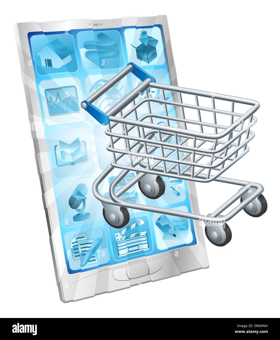 Mobile shopping app concept with a shopping cart or trolley coming out ...