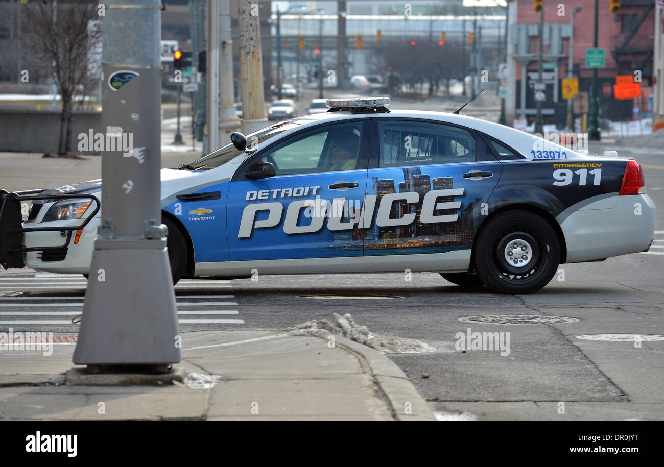 Detroit, USA. 12th Jan, 2014. A police car pictured in the city centre ...