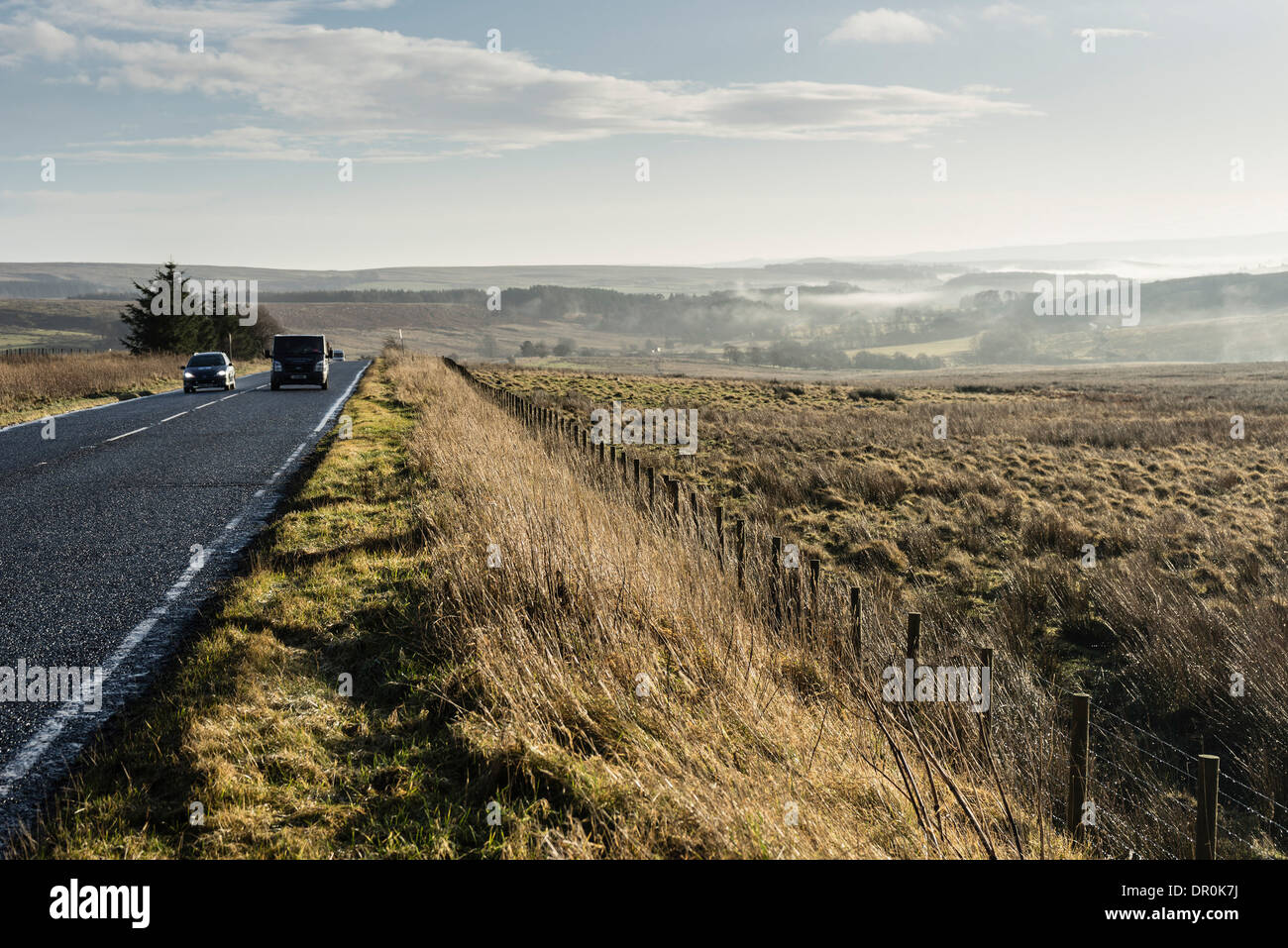 Misty, sunny January morning landscape - Redesdale, north of Otterburn ...