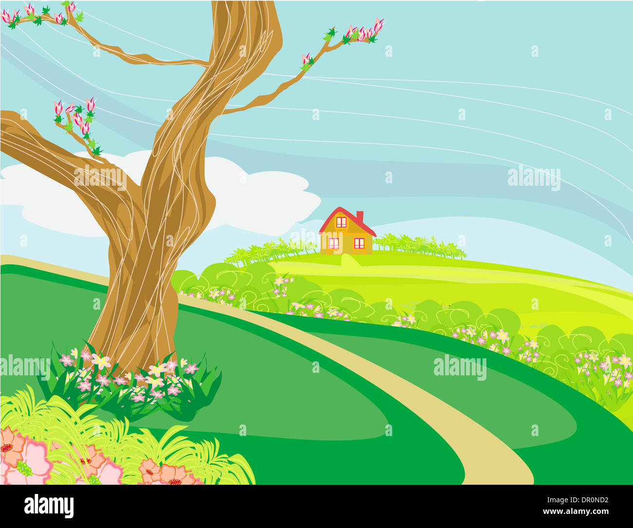 Illustration of a peaceful village in spring Stock Photo - Alamy