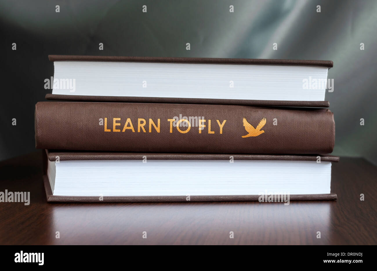 Books on a table and one with " Learn to fly. " cover. Book concept ...