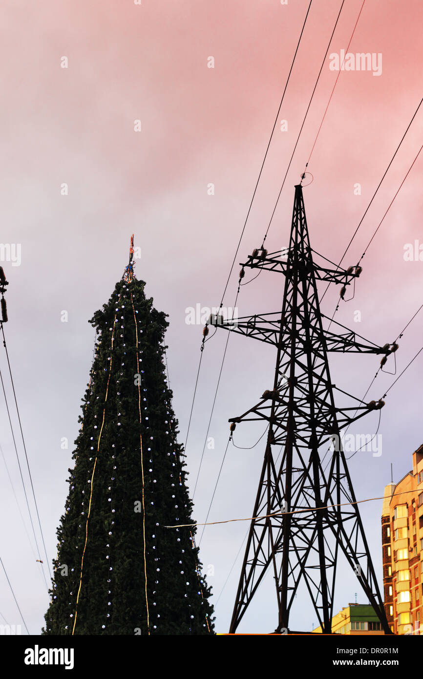 Power transmission line and Christmas tree Stock Photo - Alamy