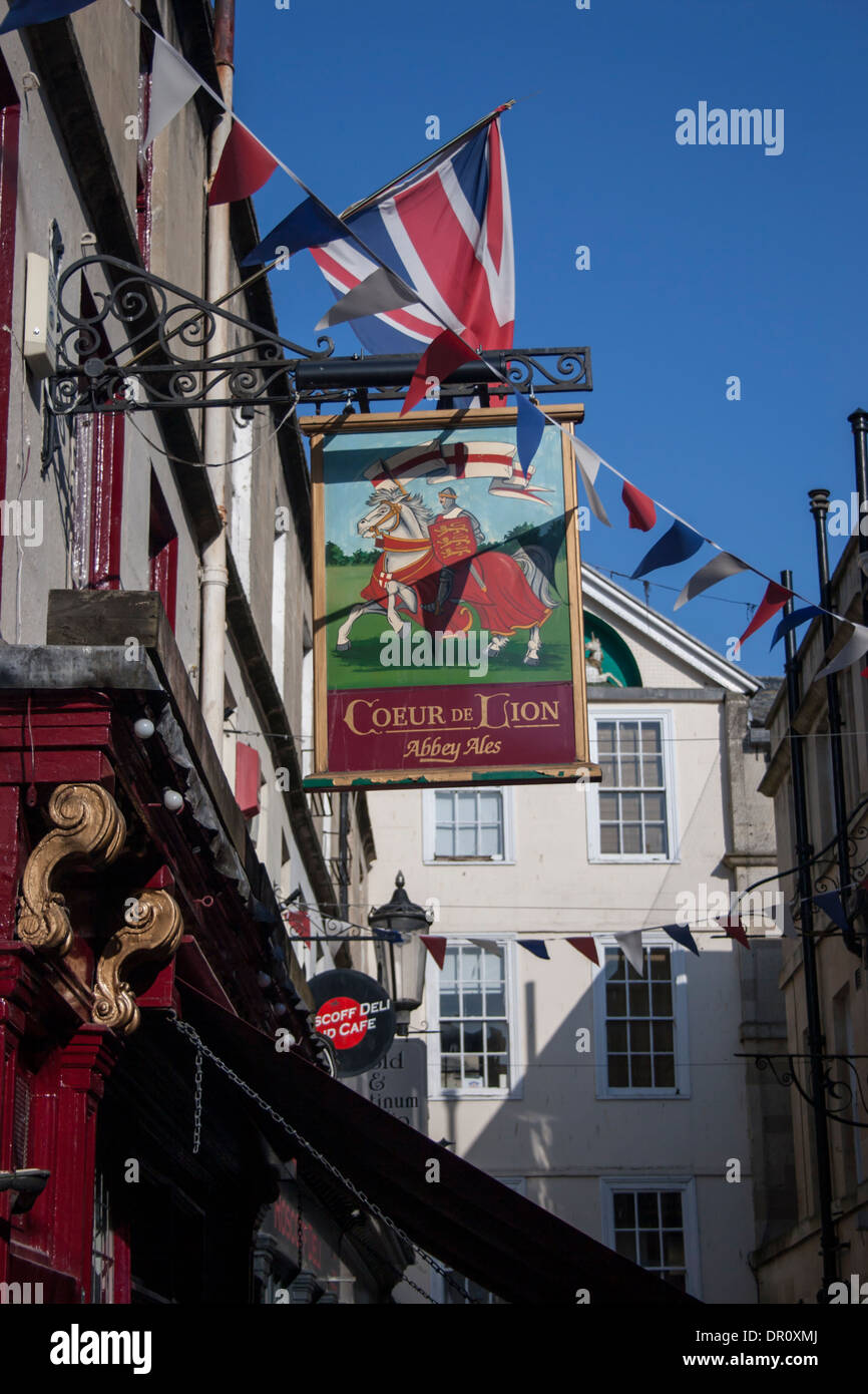 Pub Sign in the City of Bath, Somerset. UK. Union Jack flag behind ...