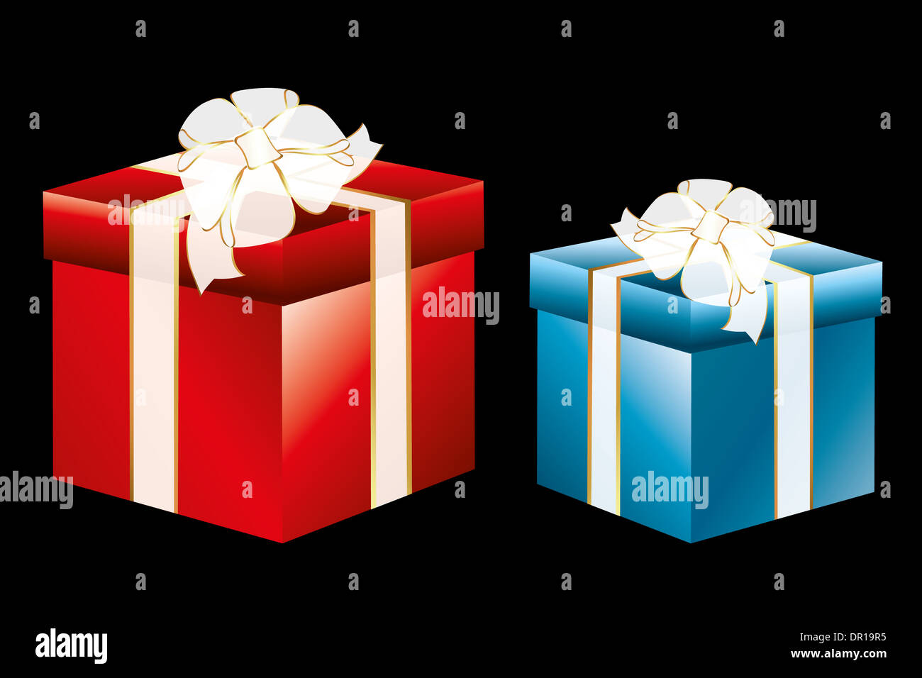 Two isolated gift boxes in red and blue with translucent ribbons - high ...