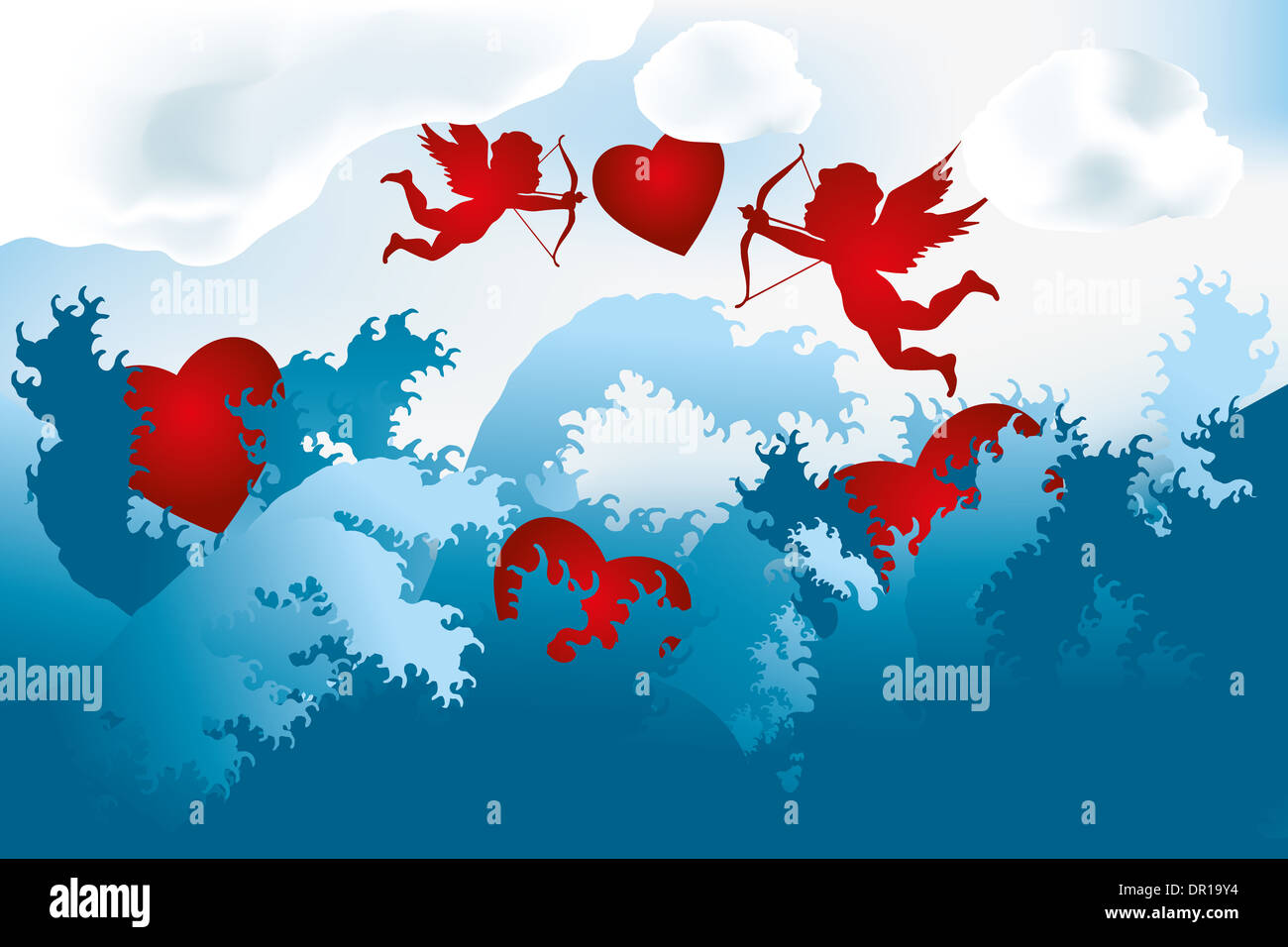Sea of love - cupids on heart hunting (falling hearts drowning ...