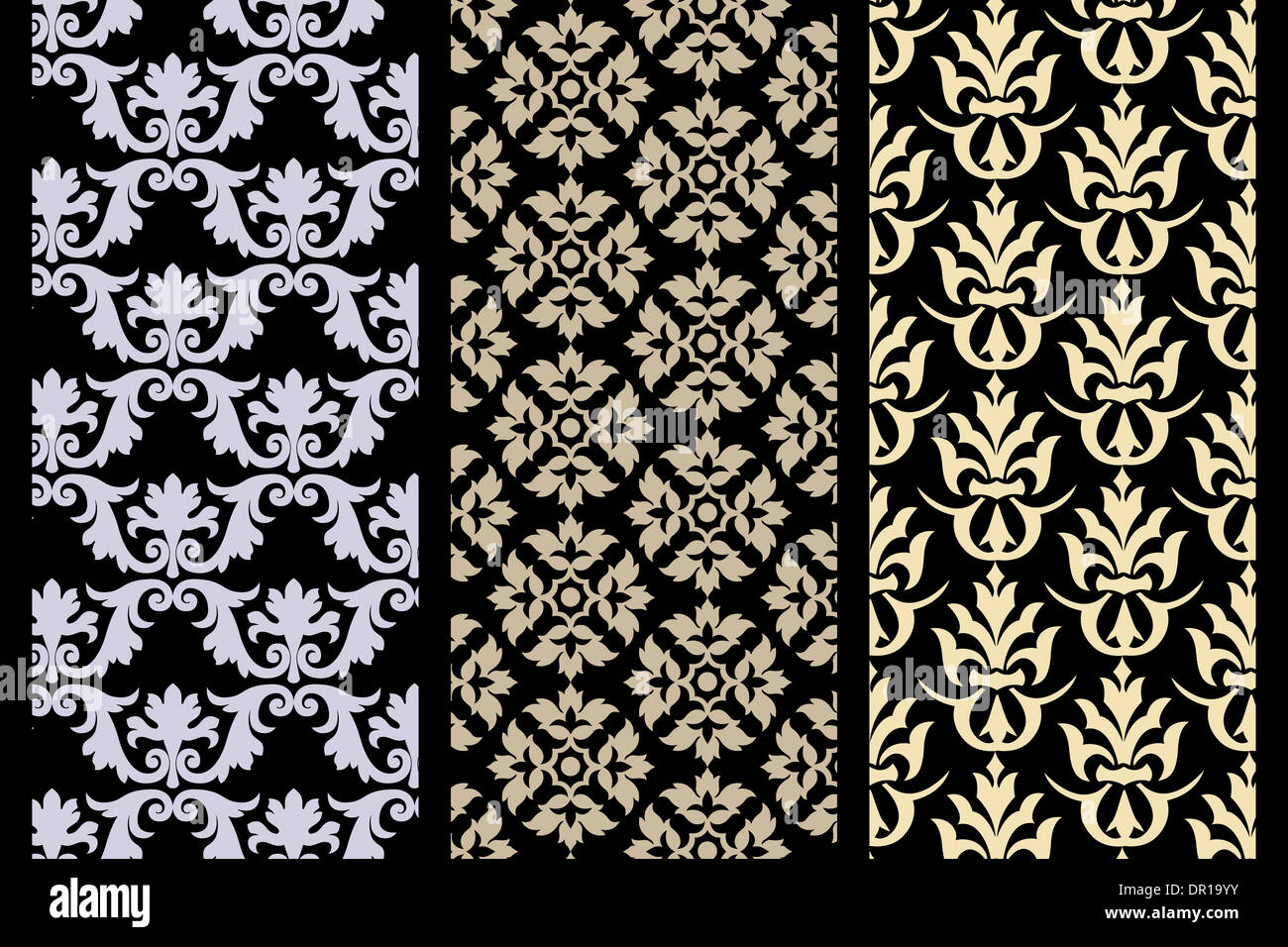 Set of 3 Victorian seamless pattern isolated on black - for textile ...