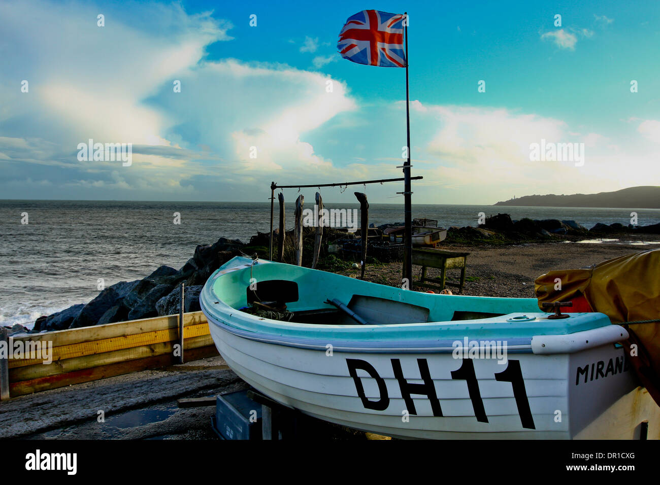 Fishing boat in beesands Devon union jack eels sea Stock Photo - Alamy