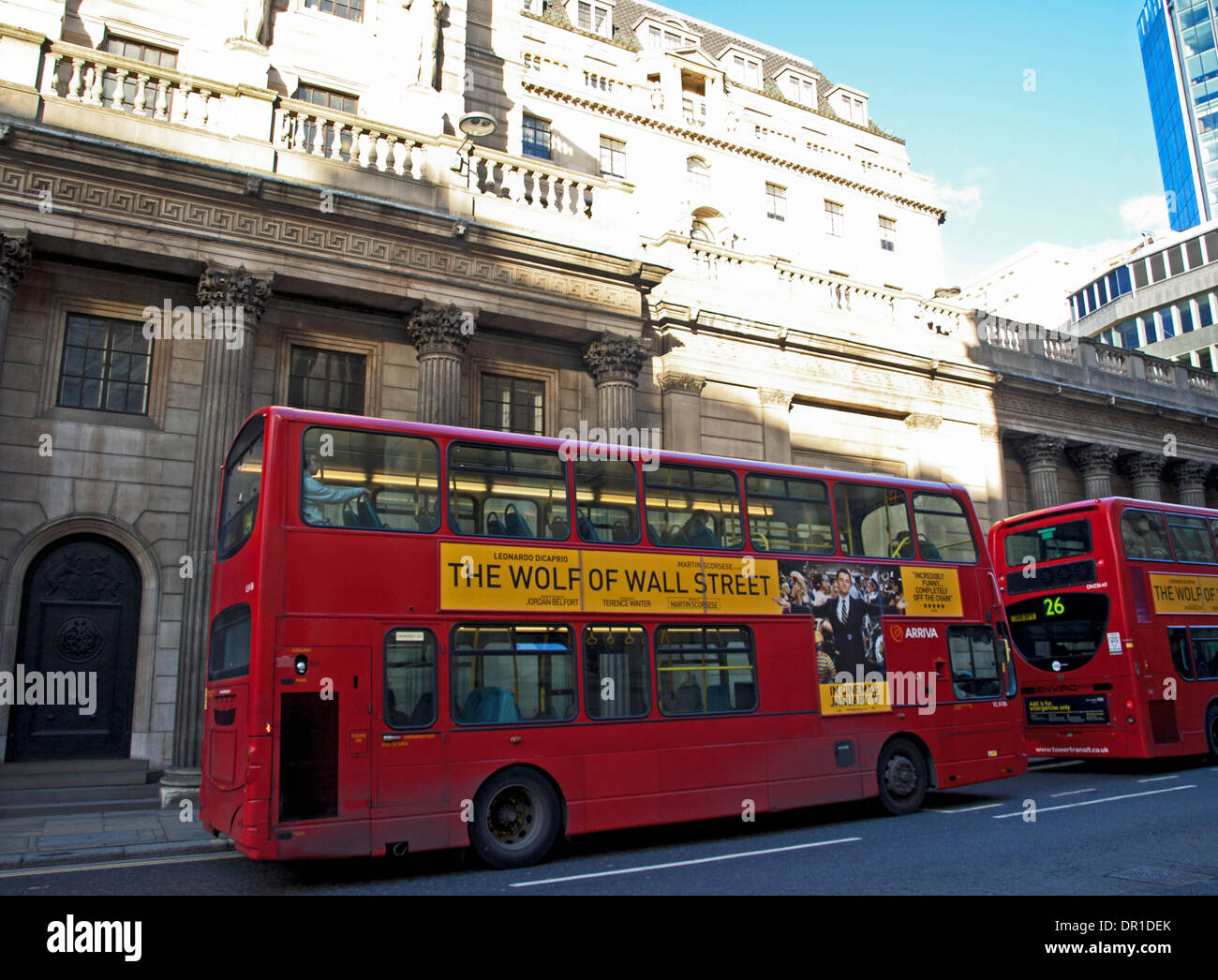 Double-decker buses on Threadneedle Street showing the Bank of England ...
