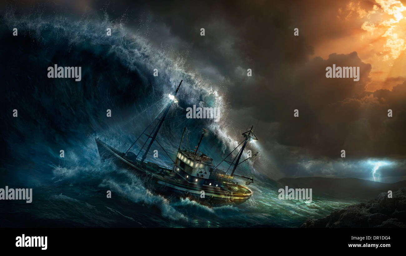 Ship rolling in stormy sea Stock Photo - Alamy