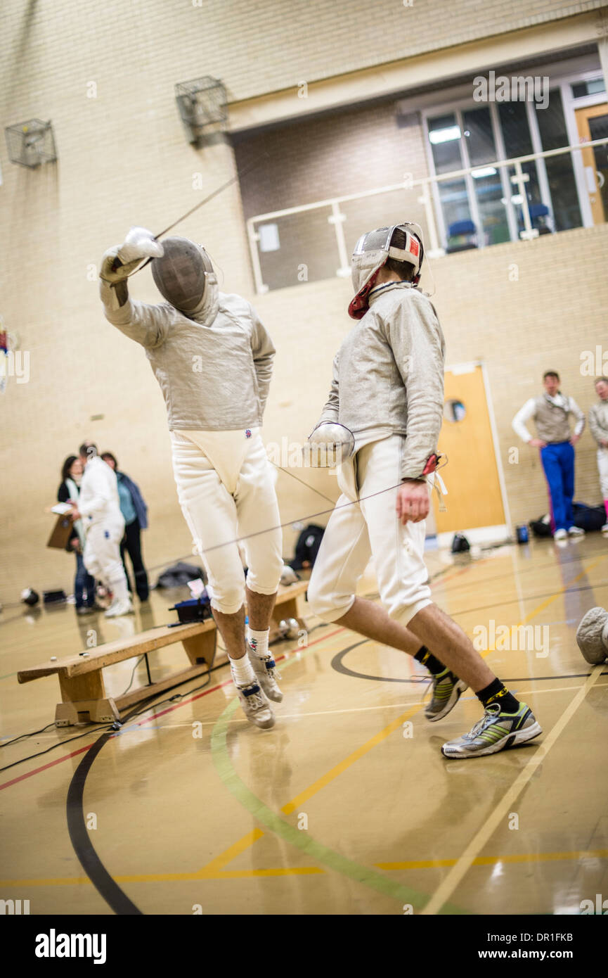 Two male men Aberystwyth university students fencers competing at ...