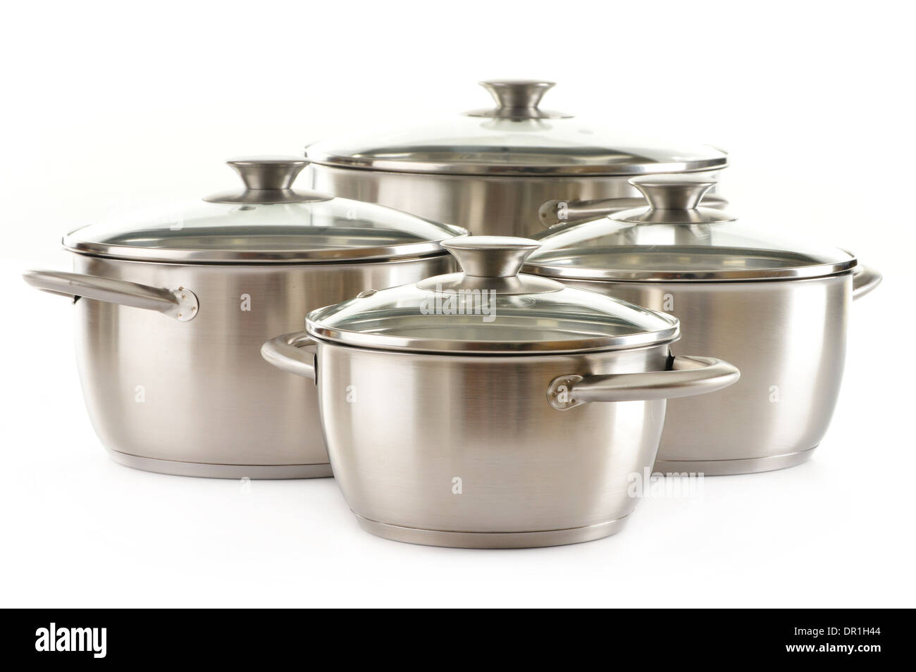Composition with stainless pots Stock Photo - Alamy