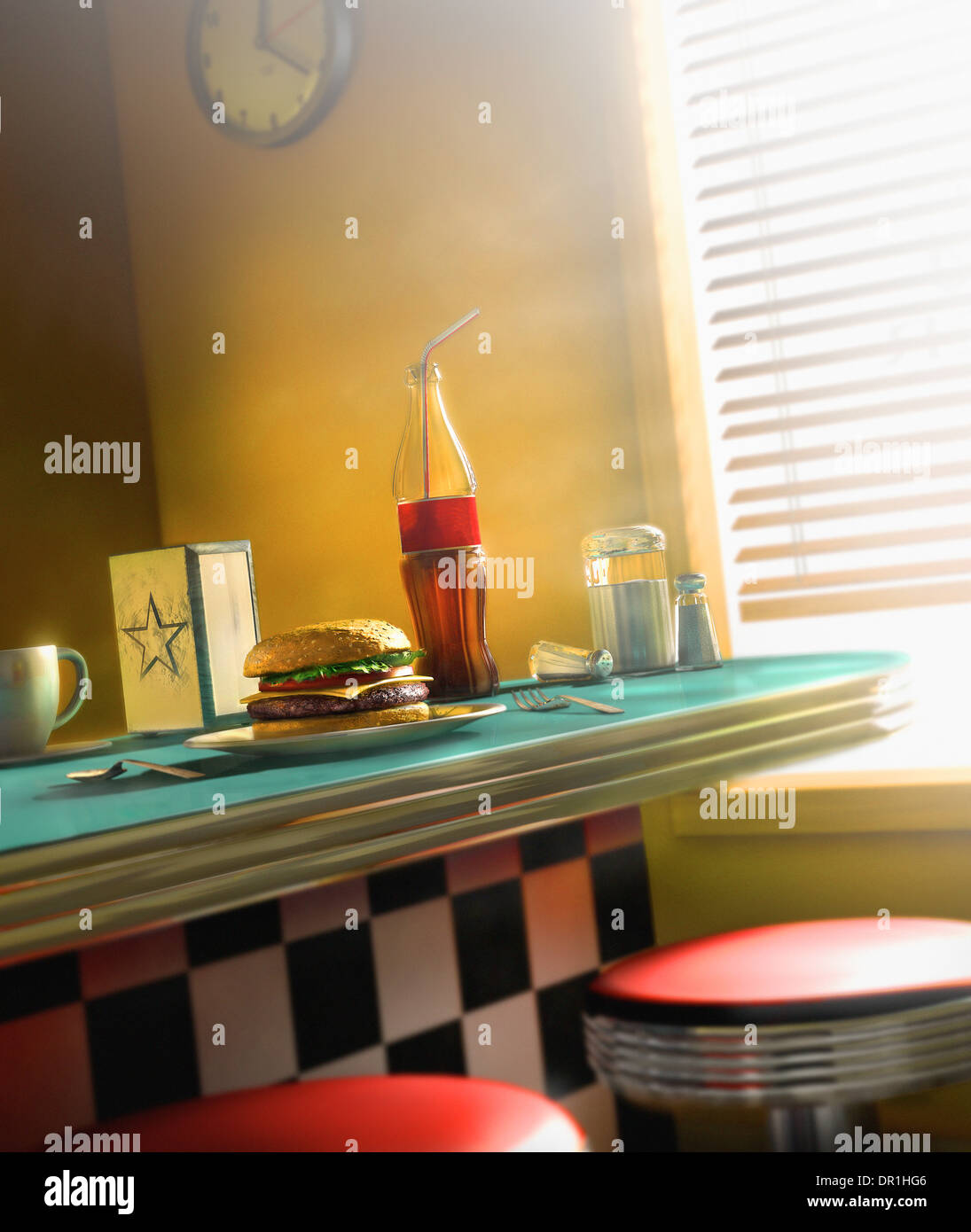 Burger and soda on diner counter Stock Photo - Alamy