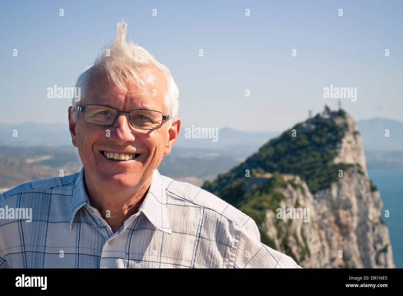 Portrait of happy senior man tourist at the Rock of Gibraltar Stock ...