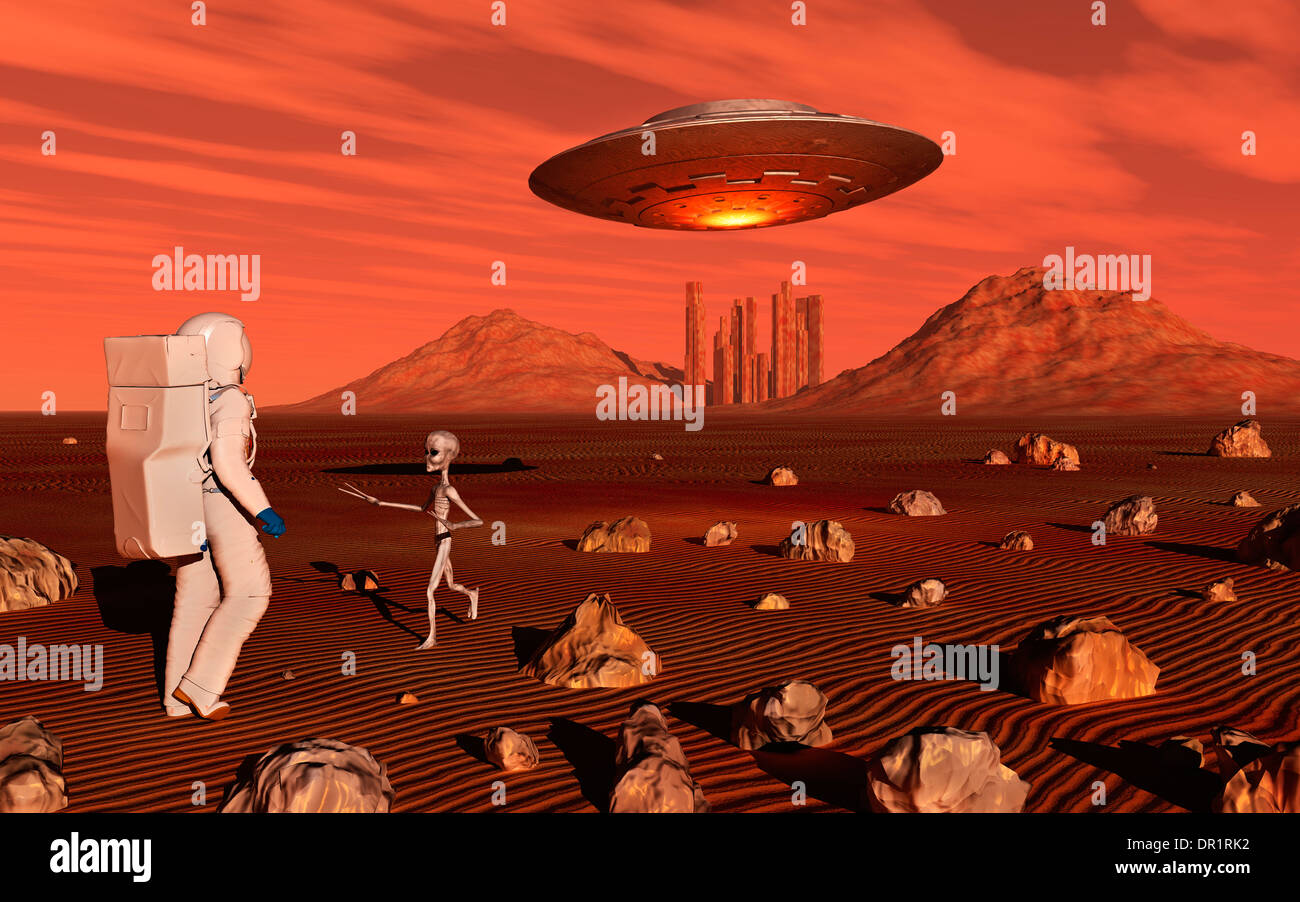 An Astronaut Making Contact With A Grey Martian Stock Photo - Alamy