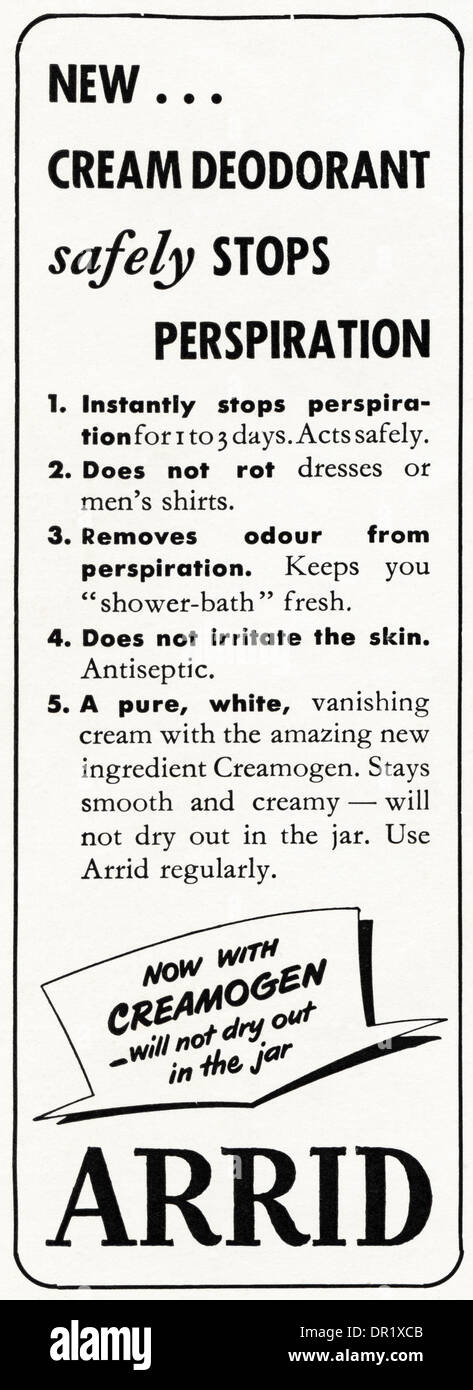 1950s advertisement advertising ARRID deodorant to stop perspiration ...
