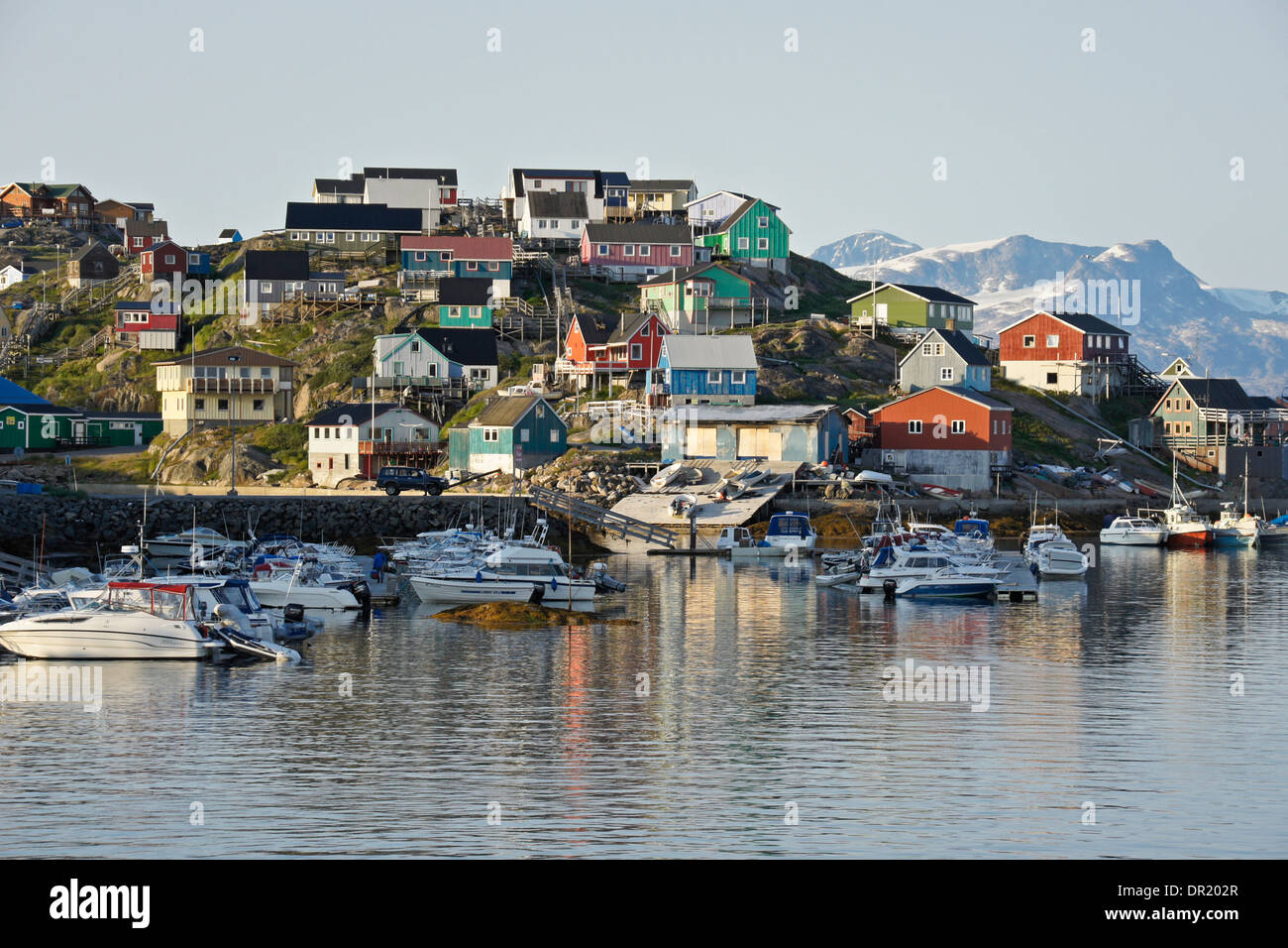 Harbor and colorful houses of Maniitsoq (Sukkertoppen), West Greenland ...