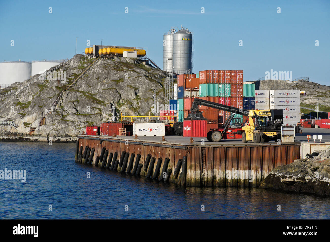 Tanks and shipping containers at port of Nuuk (Godthab), Greenland ...