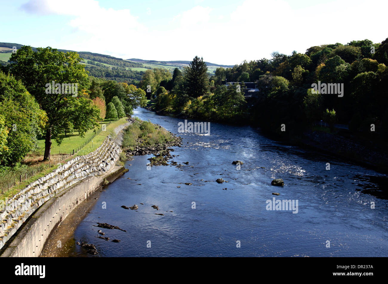 View downstream from the Pitlochry Dam and Hydro Electric Power Station ...