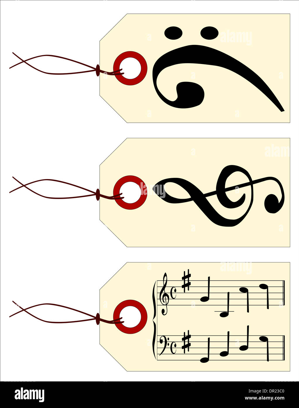 A collection of three music tags on a parchment coloured background ...