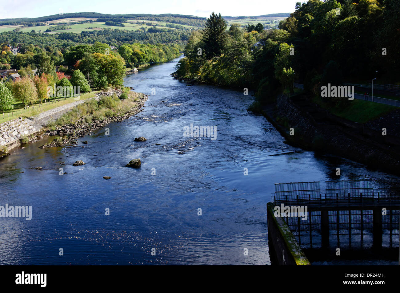 View downstream from the Pitlochry Dam and Hydro Electric Power Station ...