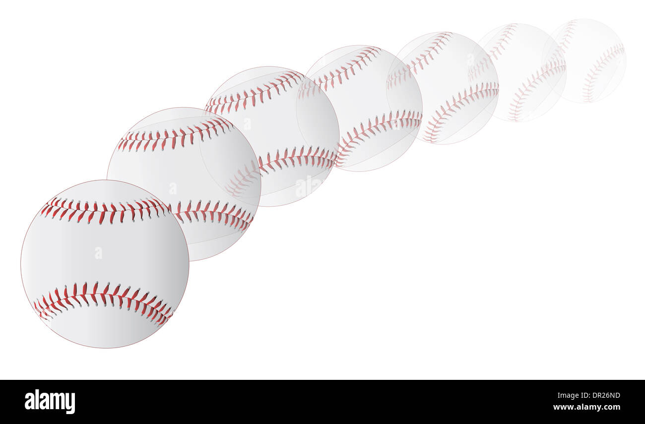 A new white pitched baseball with red stitching on a faded white ...