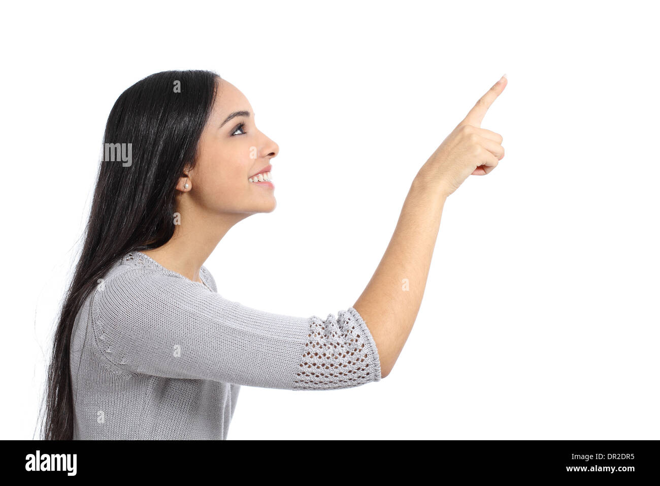 Profile of a woman pointing an advertisement isolated on a white ...