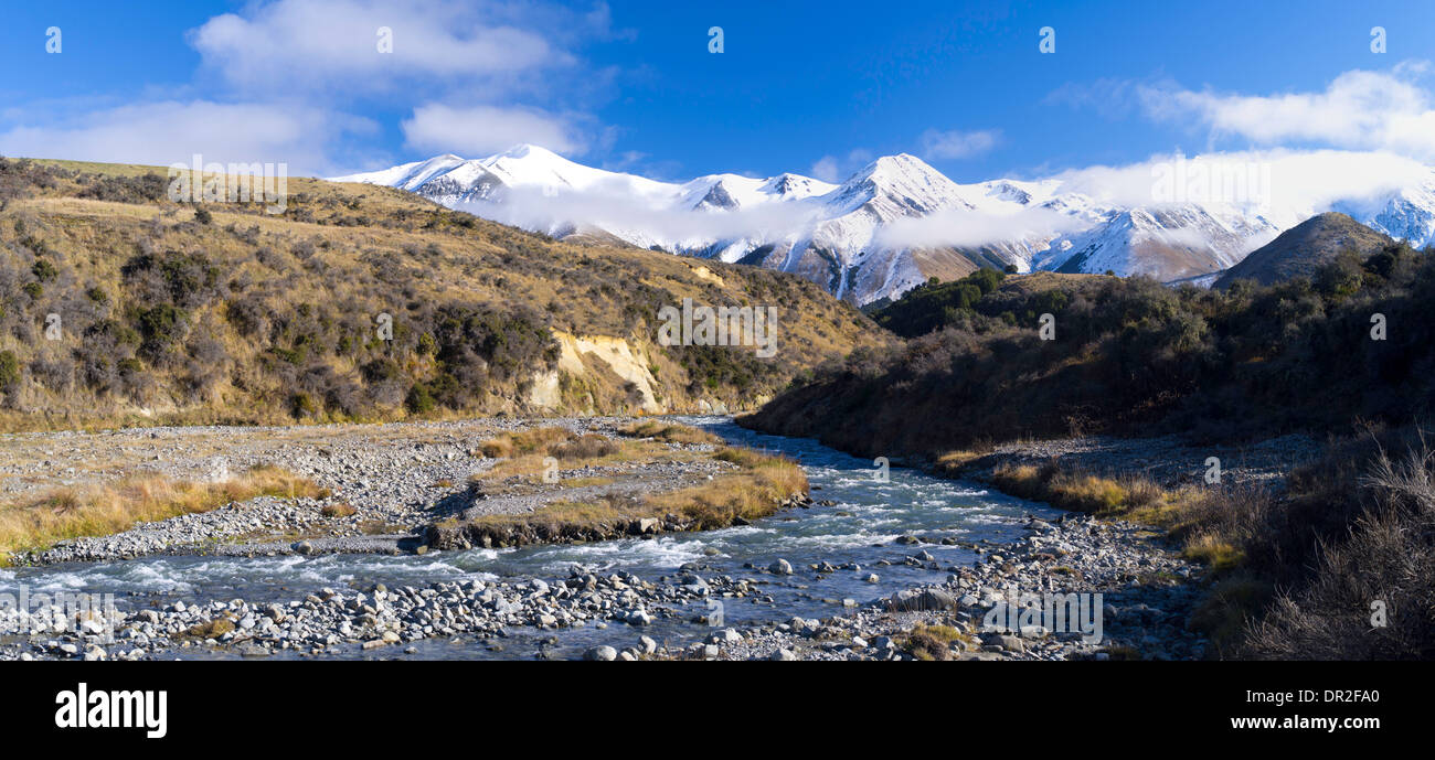 Panoramic view of the Torlesse Range looking up the Broken River along ...