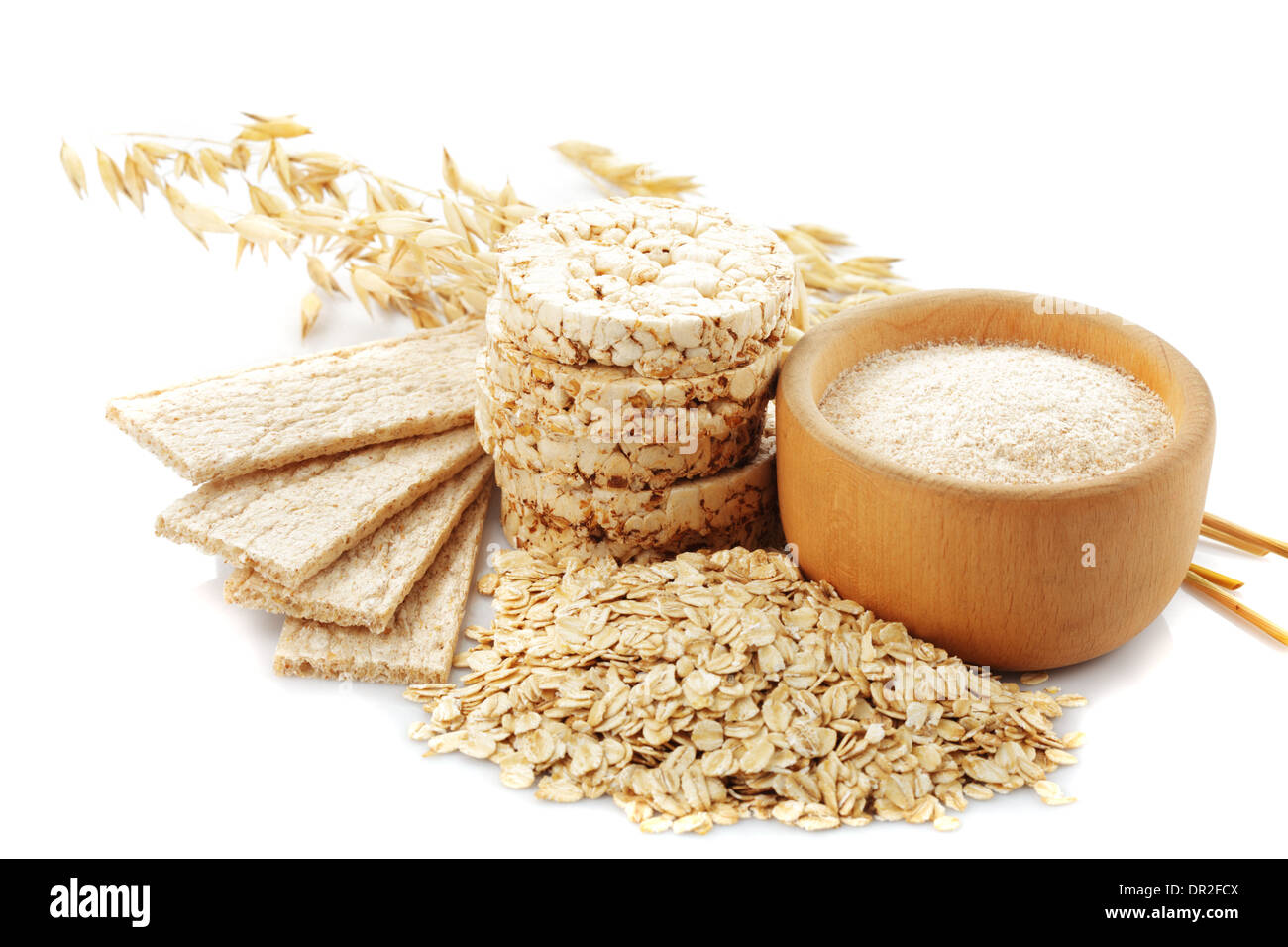 Different oat products isolated on white background Stock Photo - Alamy
