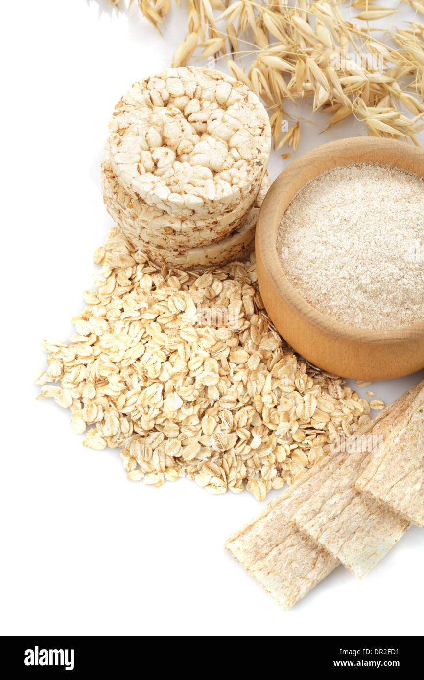 Different oat products isolated on white background Stock Photo - Alamy